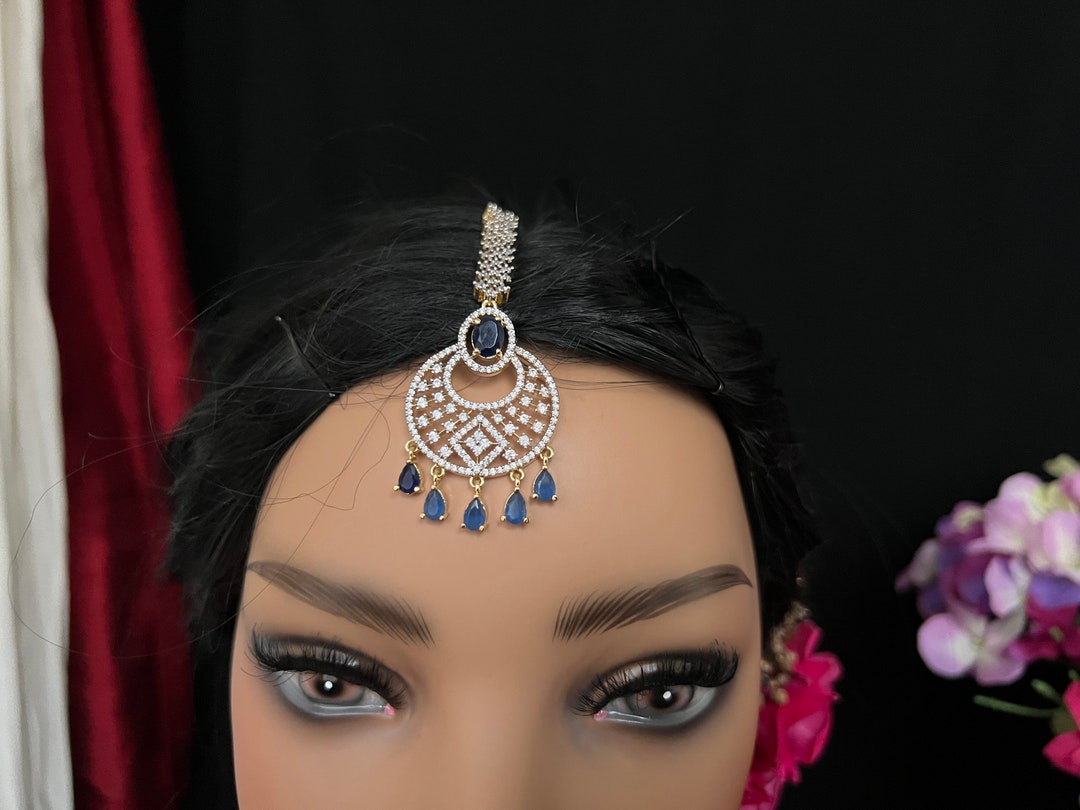 Mang Tikka/forehead Jewelry Tikka/royal Blue AD Stones/4.2 Inch Long 1 ...
