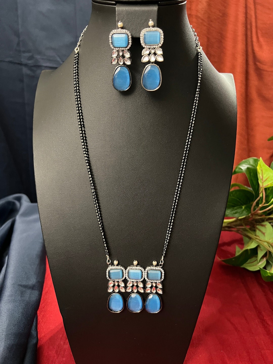 Mangalsutra SLA Monalisa Blue Stones / Haram and Earring Set - Etsy