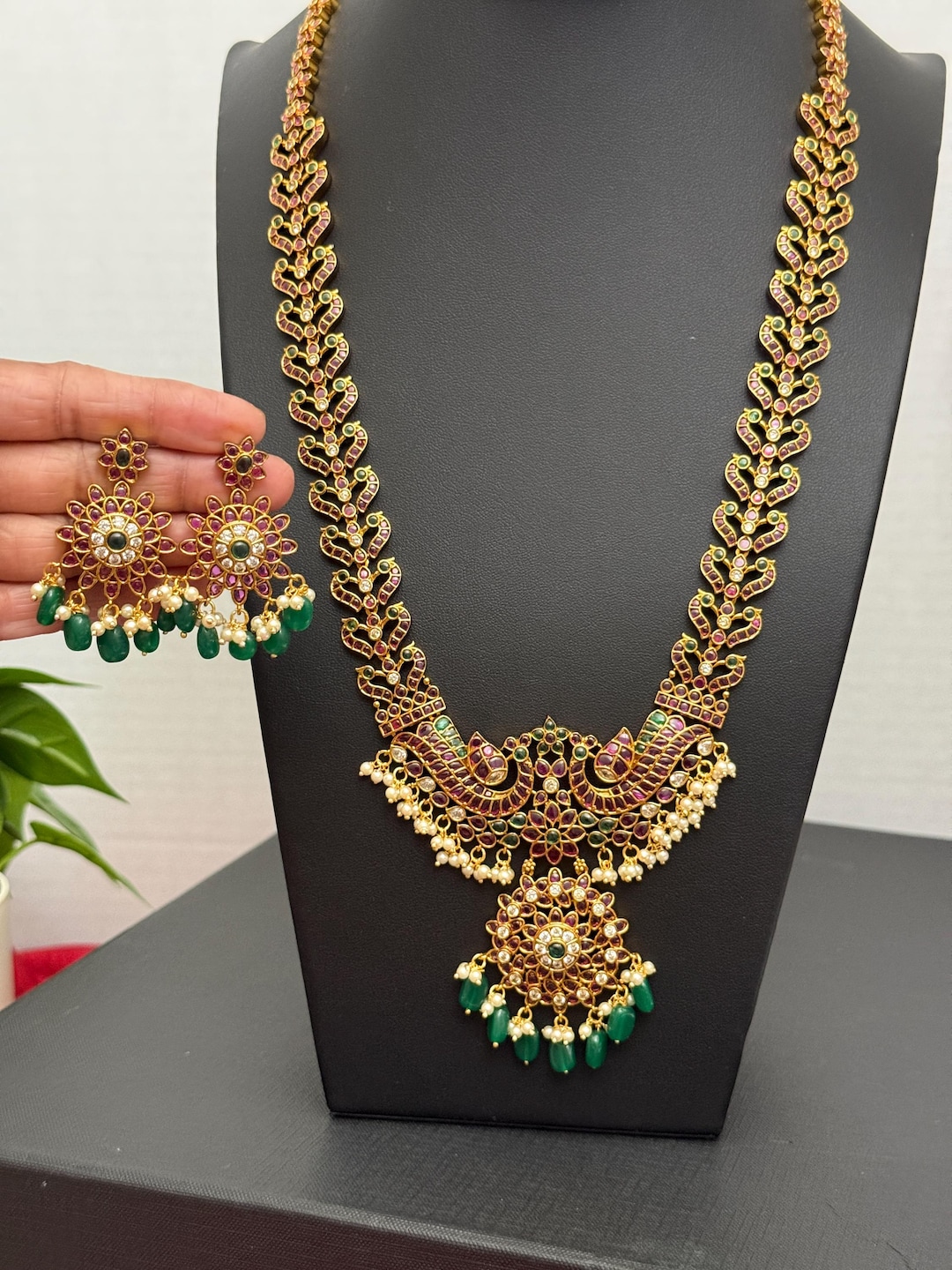 Kemp Ruby Peacock Long Haram With Earrings/south Indian Jewelry/antique ...