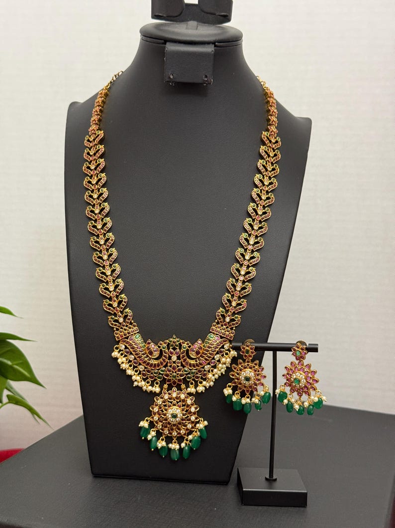 Kemp Ruby Peacock Long Haram With Earrings/south Indian Jewelry/antique ...