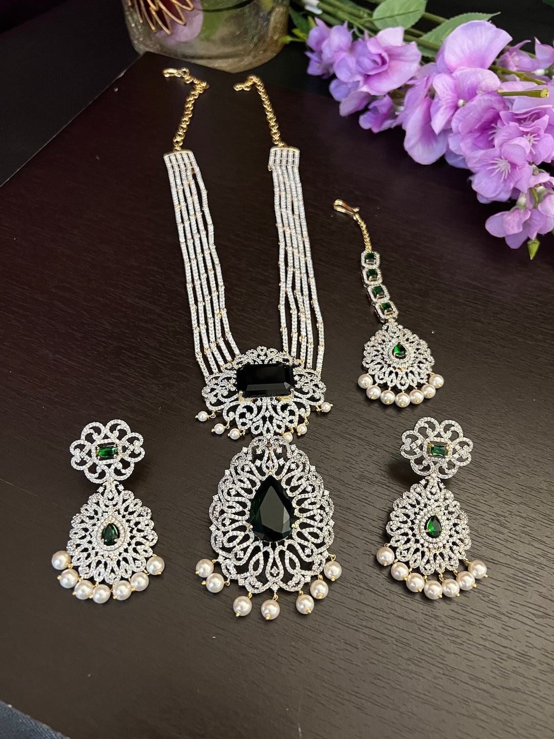 AD Doublet Green Stone American Diamond Finish Mid Lanth Haram ...