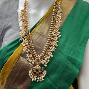 Guttapusalu Haram Rice Pearls Long Haram/ruby Kemp Traditional Trendy ...