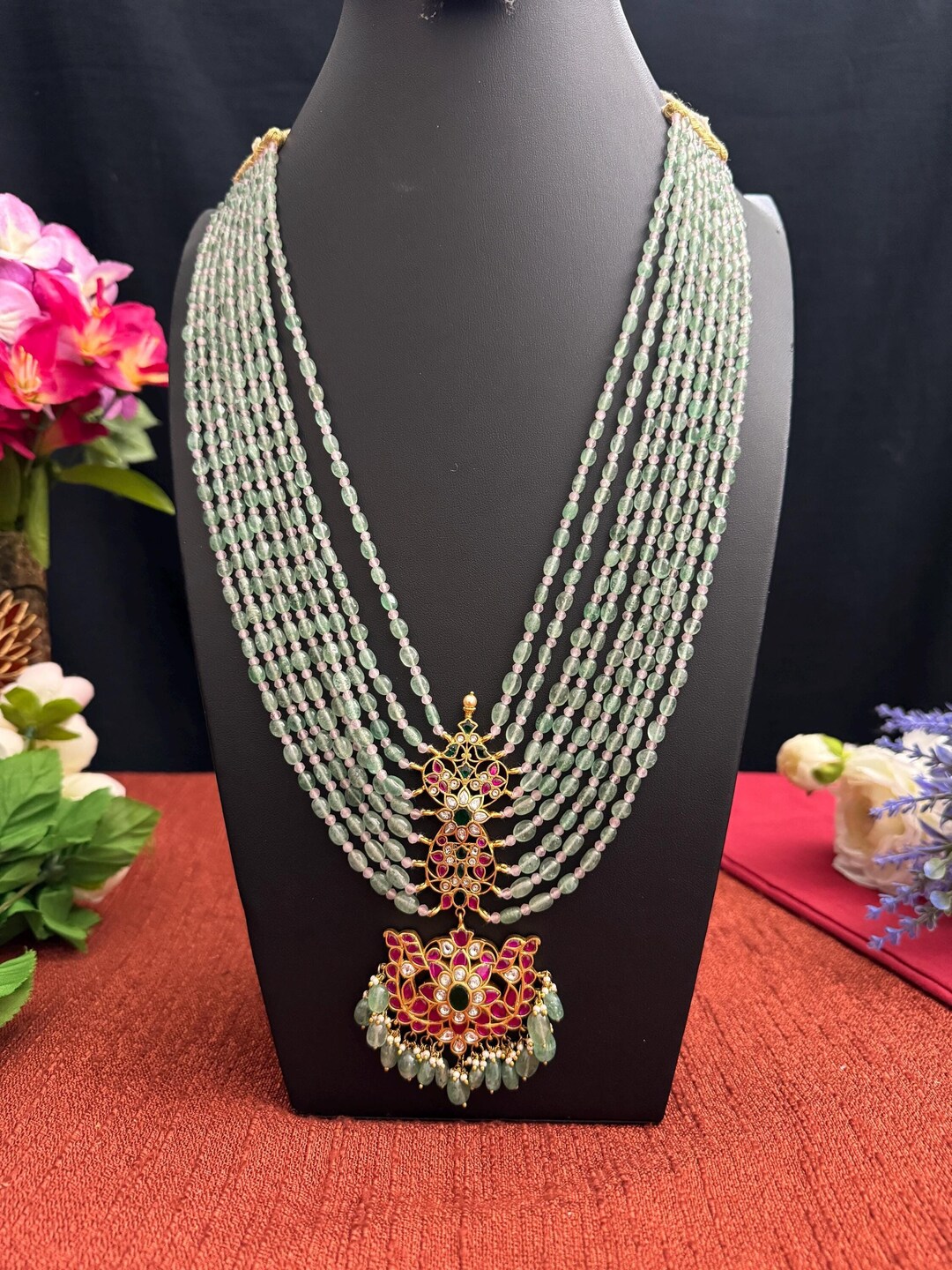 Jadau Kundan Rani Haram Mint Green and Pink Beads 9 Lines Each Side /gold Finish/only One Haram ...