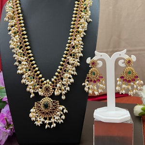 Guttapusalu Haram Rice Pearls Long Haram/ruby Kemp Traditional Trendy ...