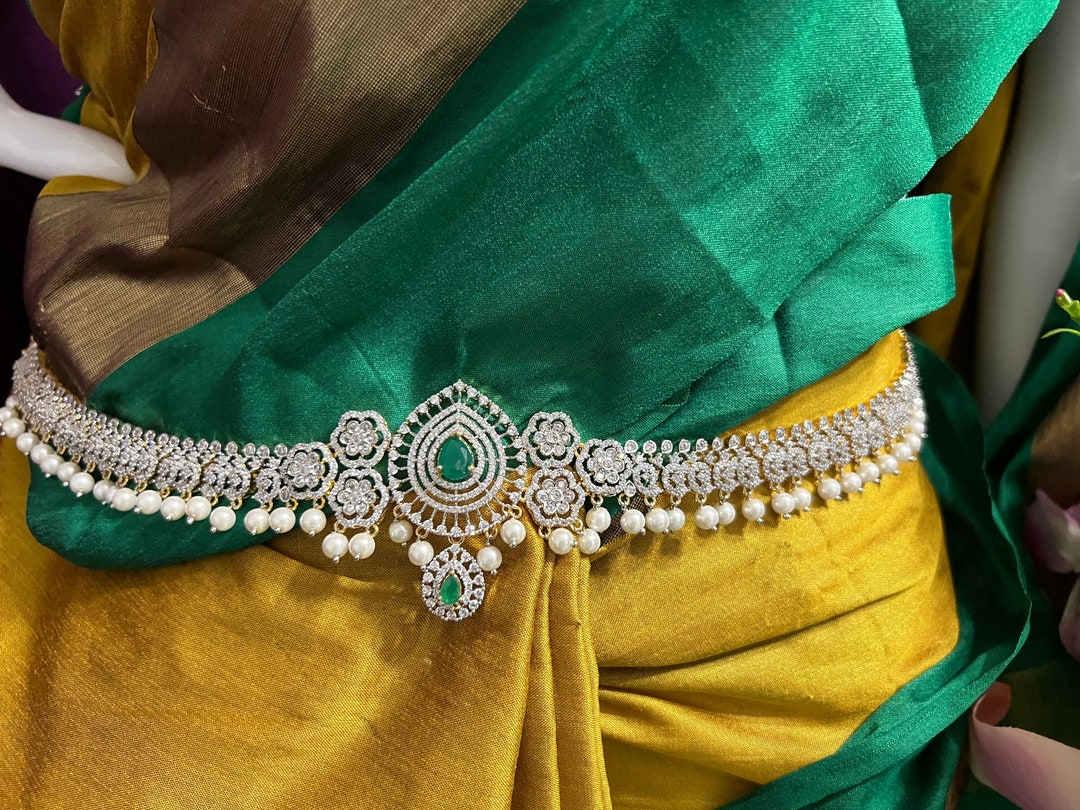 Hip Chain Saree Belt Dimond Finish /emerald Stones Flower Design ...