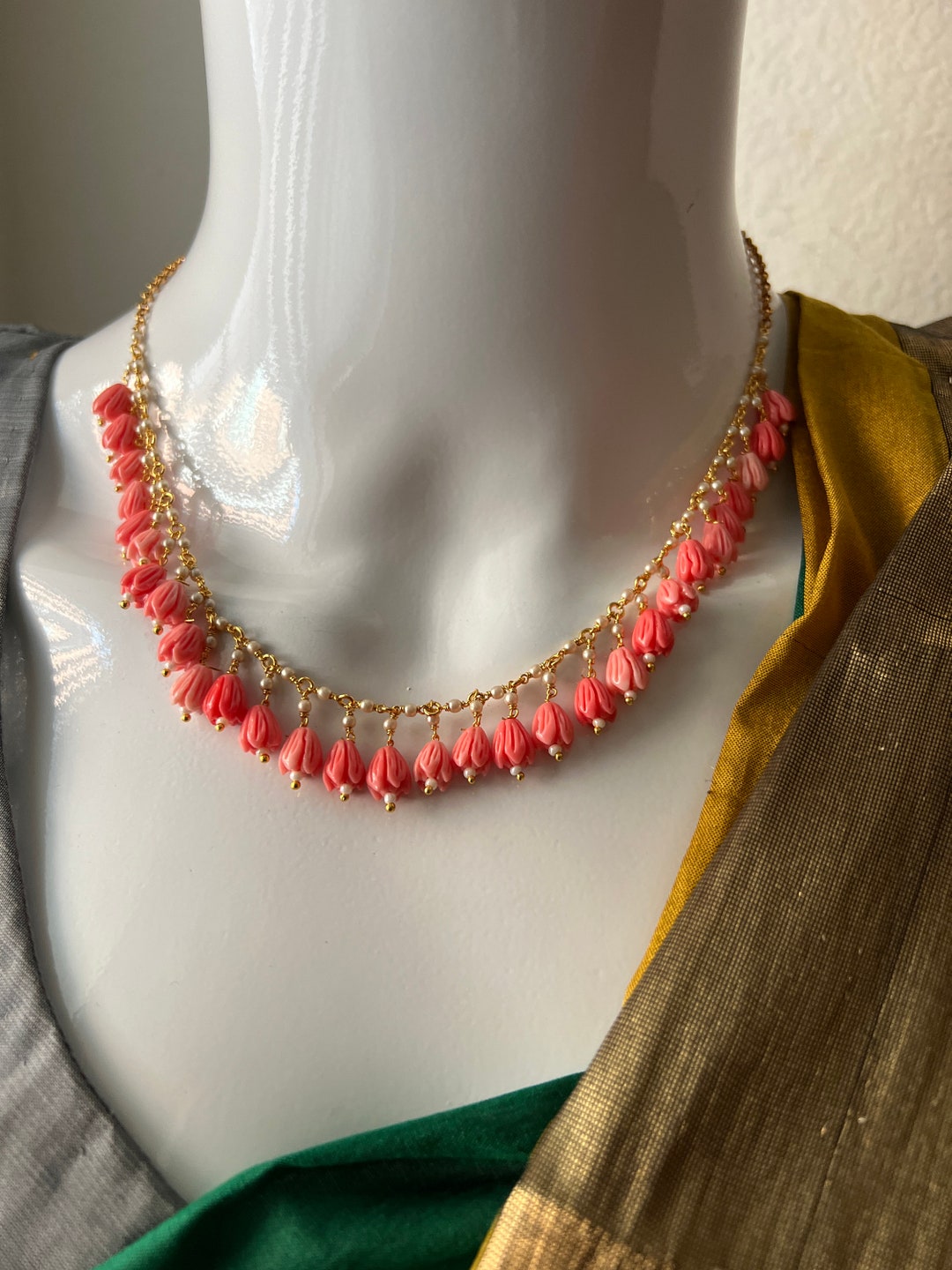 Tulip Coral Mala Gold Finish/ Light Weight Pink Coral and Gold Beads ...