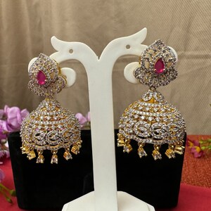 Ruby Pink AD Dimond Finish /2.1 Long Wide 1.inch Jhumka Earring/gold Finish/ruby AD Stones/south ...