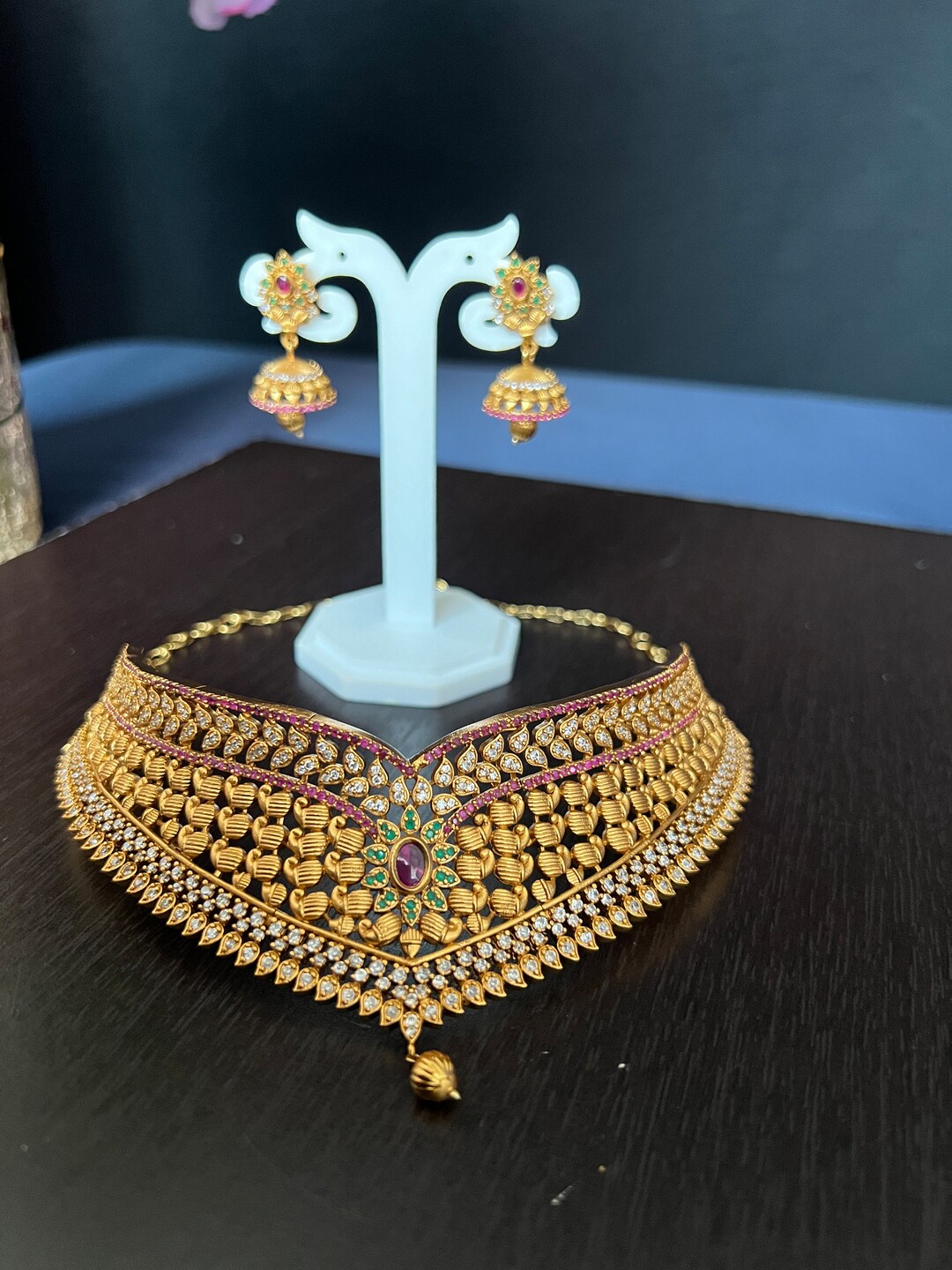 Antique Gold Finish Choker/small Choker With Earrings/cz Green Ruby ...