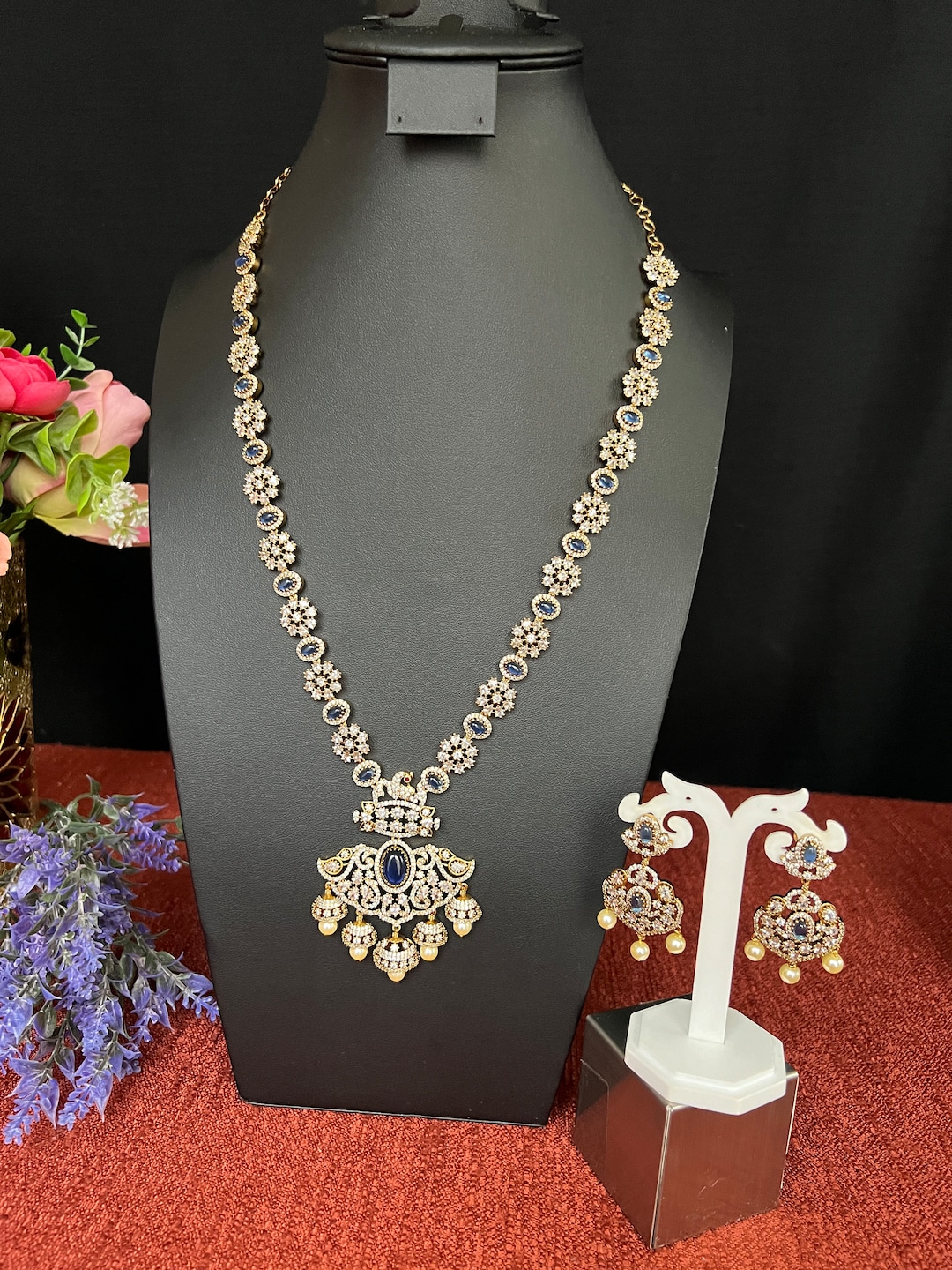 Blue Sappire Haram CZ Haram Set 30 Inches Long /with Earrings/cubic ...