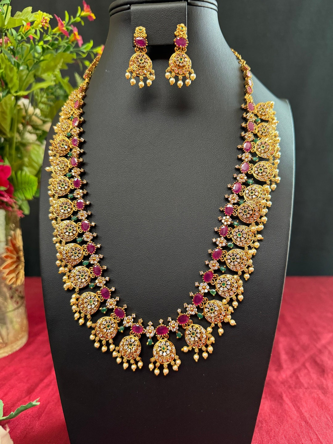 Ruby Pink Emerald Stone Haram With Matching Earring /antique Gold ...
