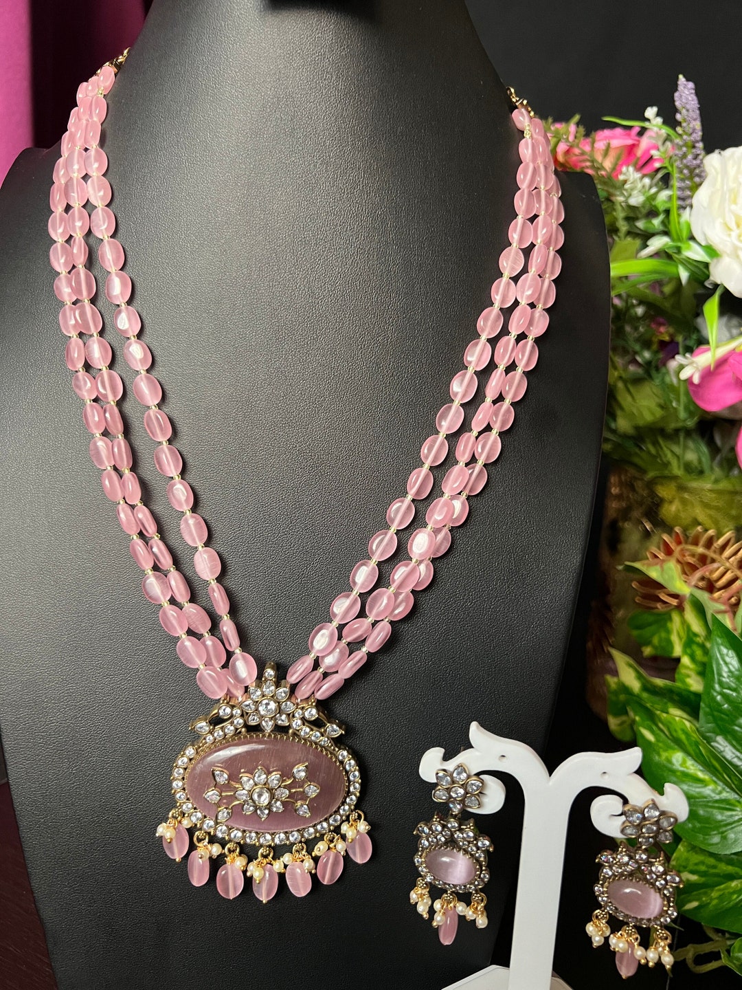 Pink Beads Haram Victorian Mehendi Finish/hand Made Haram Pendant ...