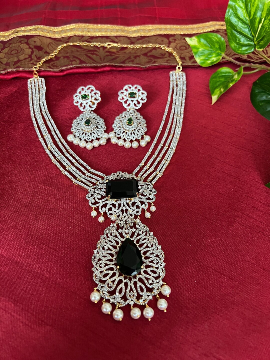 AD Doublet Green Stone American Diamond Finish Mid Lanth Haram ...