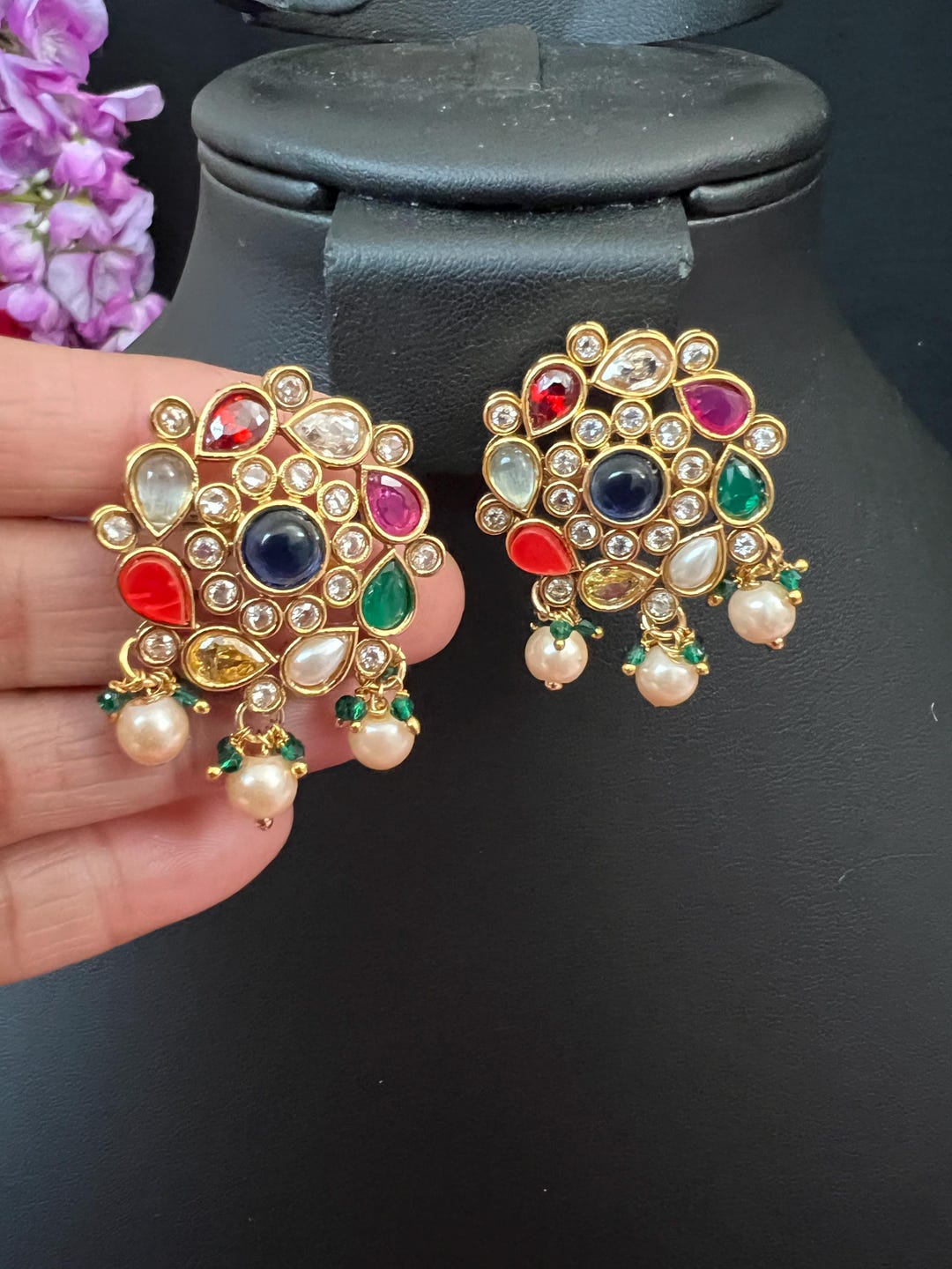 Navarathan Stud Earrings: Multi Stone Gold Finish, South Indian Jewelry ...