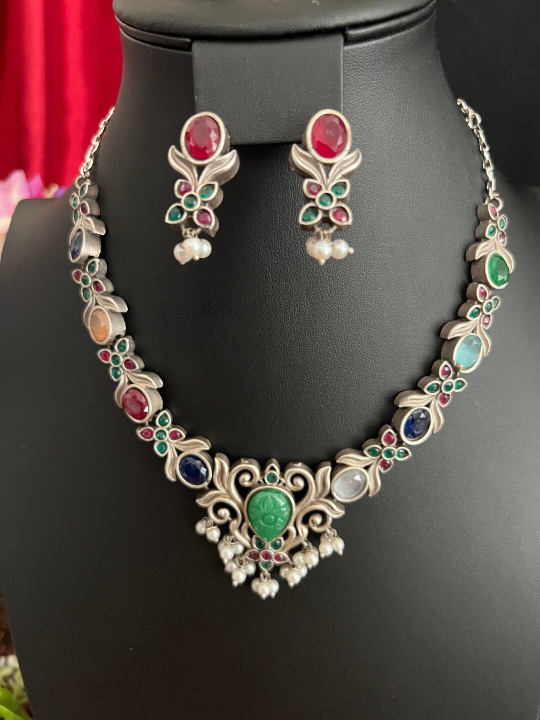 SLA Designer Necklace Set / Manlisa Multi Peach Color Stones and CZ ...