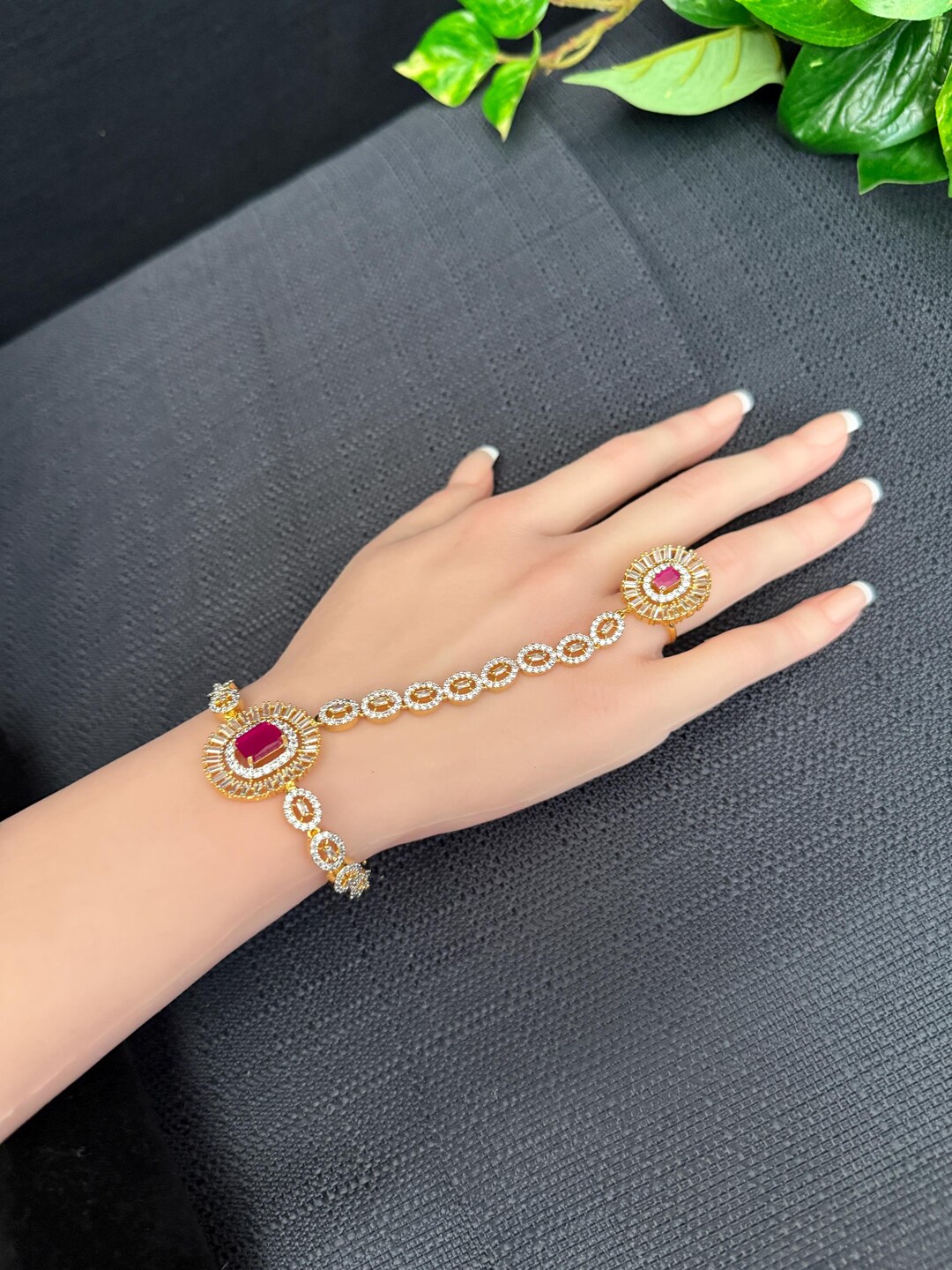 Ruby Pink AD Haath Phool: Gold Finish Indian Finger Bracelet - Etsy