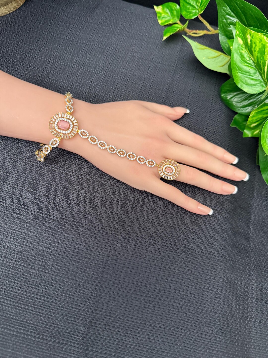 Pink AD Haath Phool/single Bracelet Finger Ring Adjustable/single Only One /premium Quality/gold ...