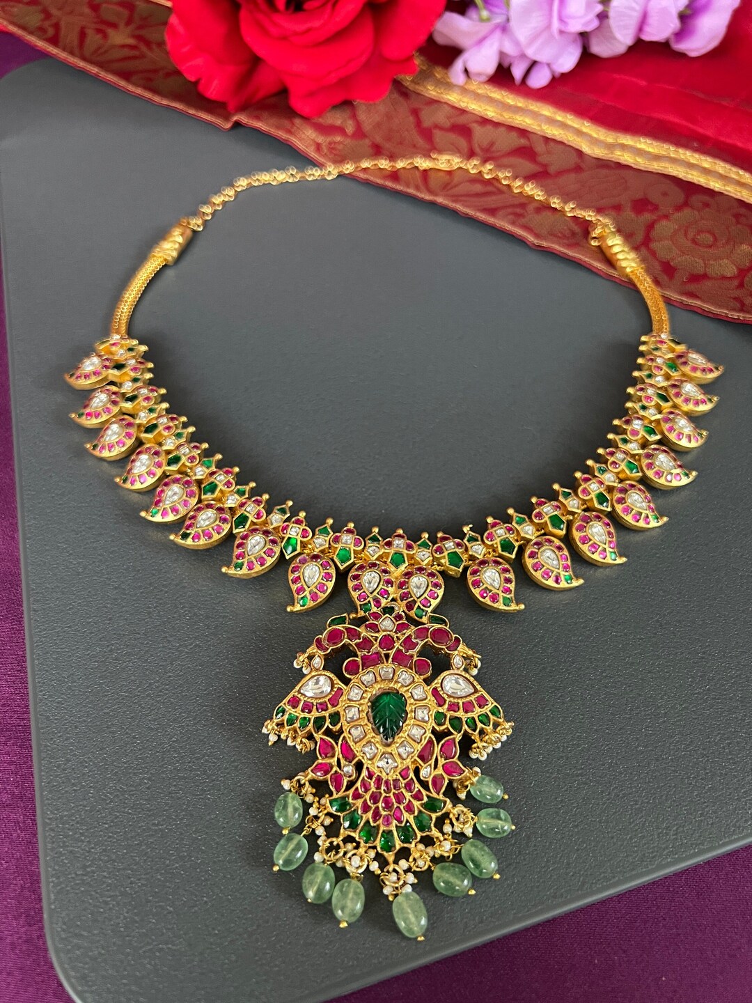 Jadau Kundan Necklace Detachable Pendent Green Carving Ruby Pink Gold Finish/mango Haram 28 ...
