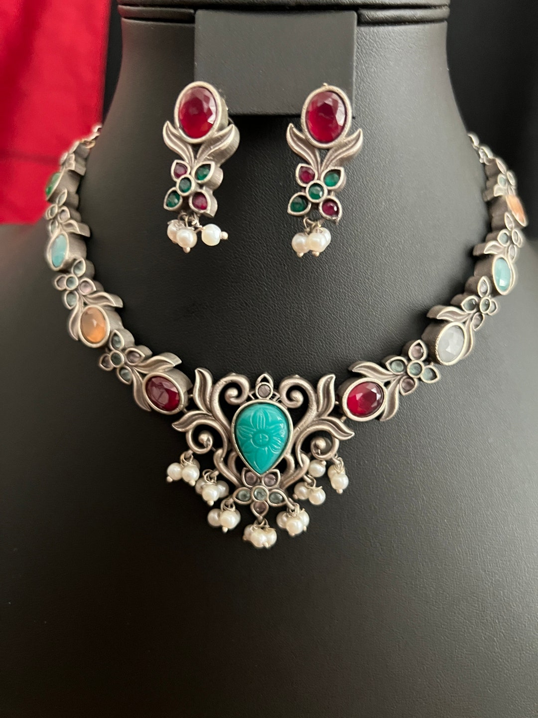 SLA Designer Necklace Set / Manlisa Multi Peach Color Stones and CZ ...