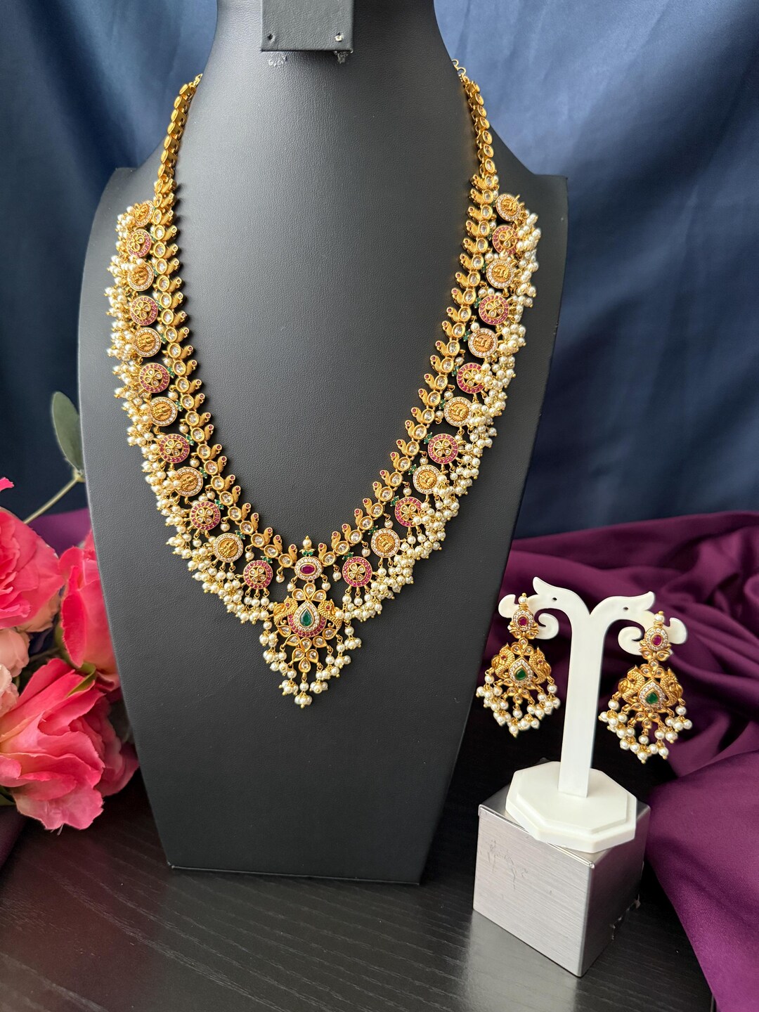 Guttapusalu Goddess Lakshmi Peacock Long Haram With Earrings/matte Antique Gold Dull Finish/cz ...