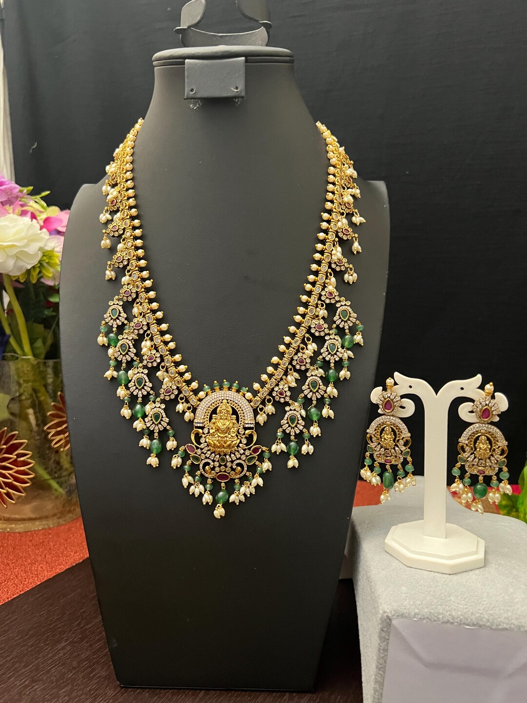 Goddess Lakshmi Guttapusala Long Haram With Earrings/rice Pearls/ 30 ...