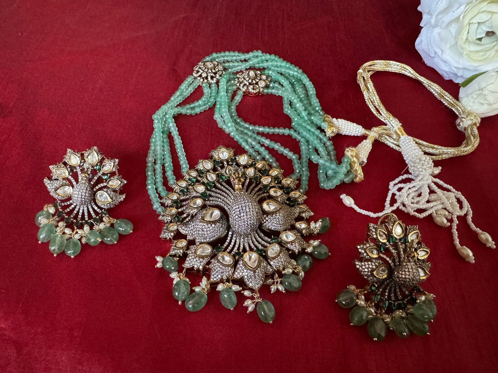 Mint Green Chatham Beads Haram: Victorian Peacock Indian Jewelry Set - Etsy