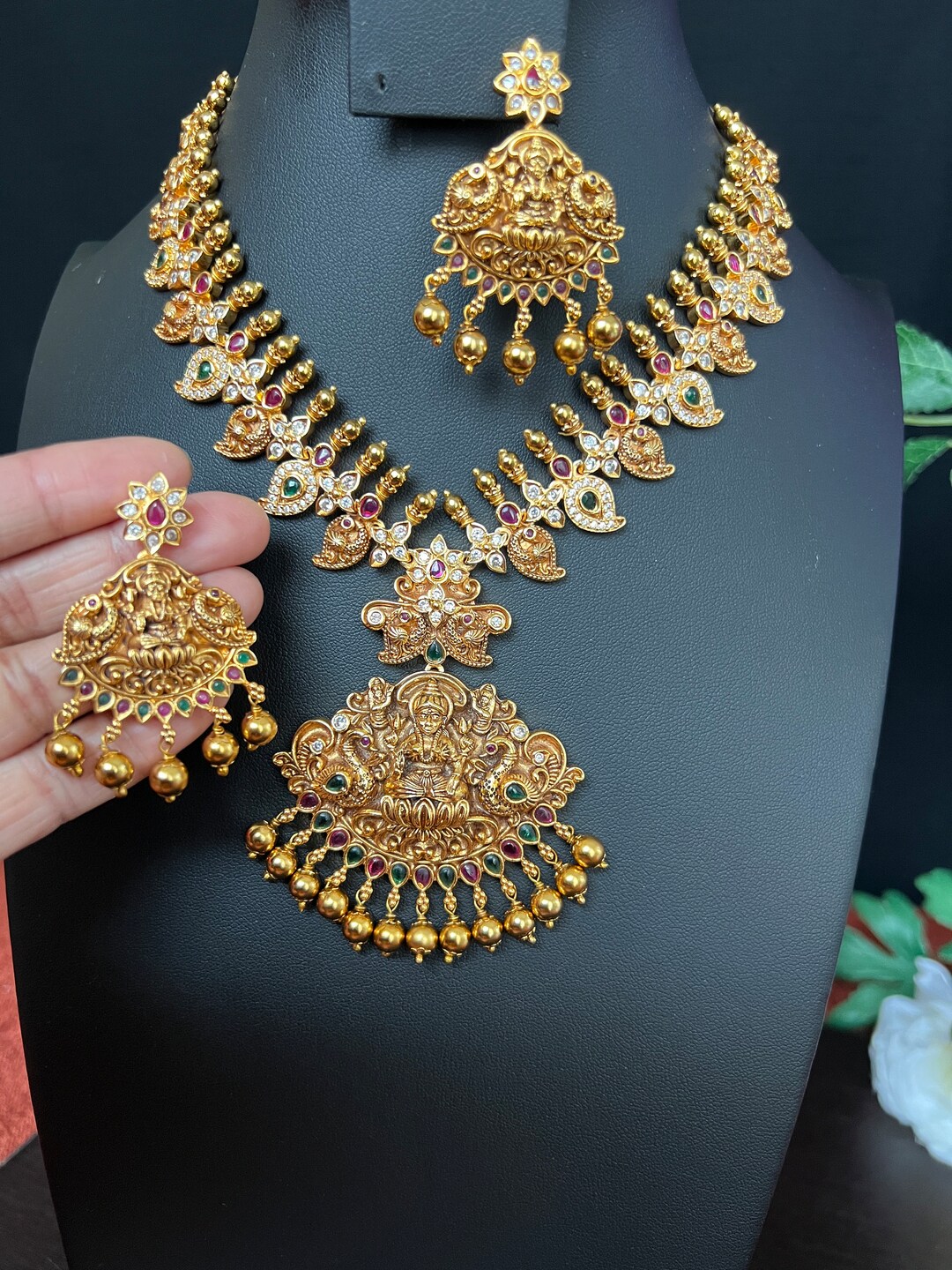Nakshi Goddess Lakshmi Mango Leaf Long Haram/temple Jewelry /ruby ...