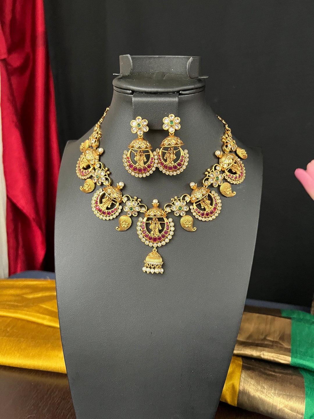 Radha Krishna Ruby Pink Neckless With Earrings/premium Quality/temple ...