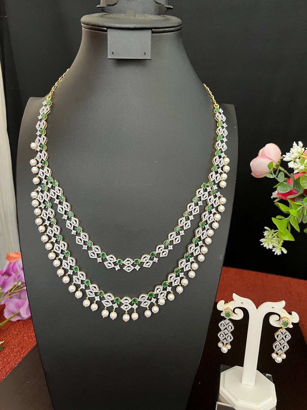 Green Emerald Haram Neckless With Earrings Dimond Finish/light Weight 2 ...