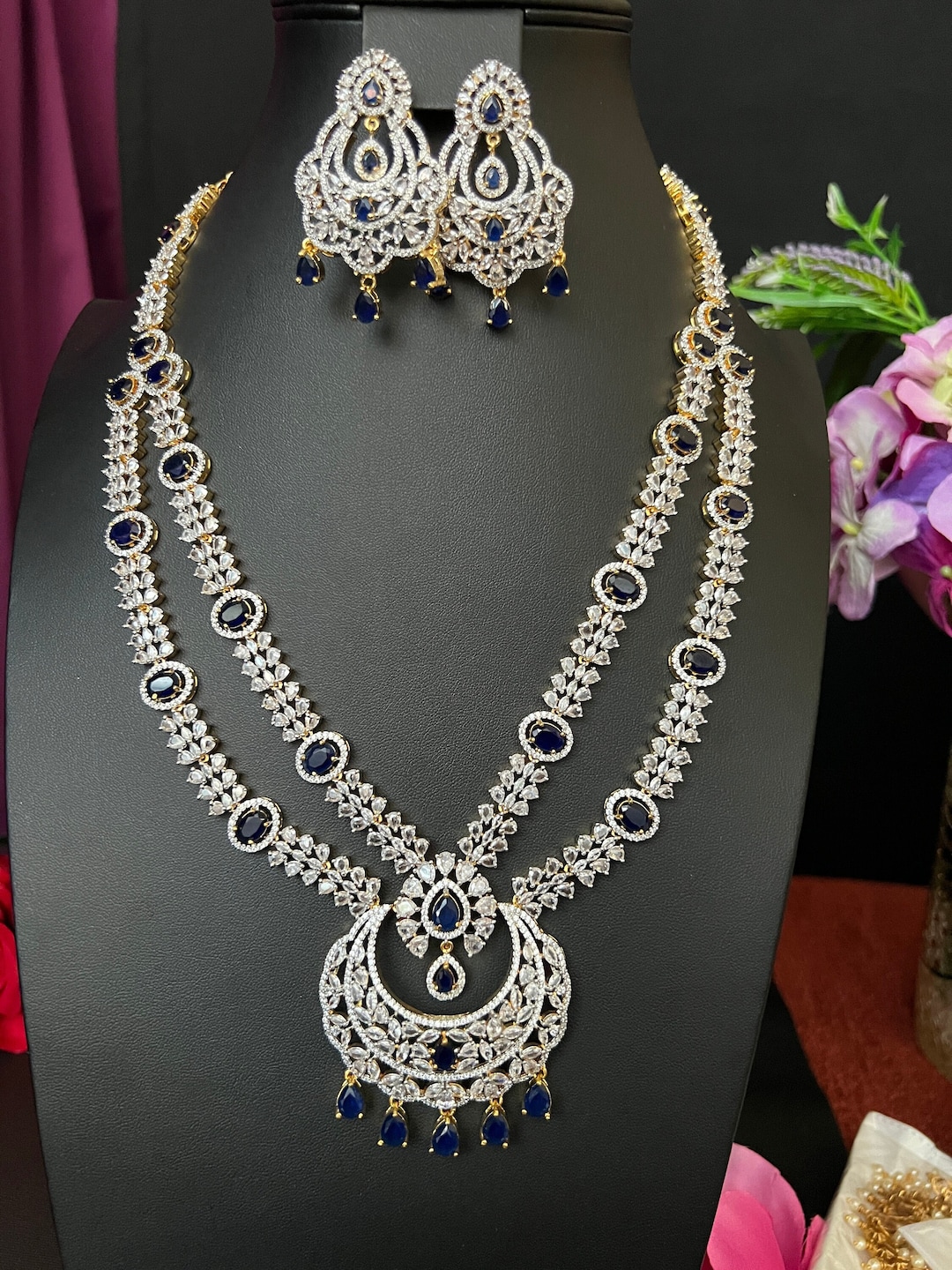 Sapphire Blue Haram Necklace Set: AD Stone Indian Jewelry - Etsy