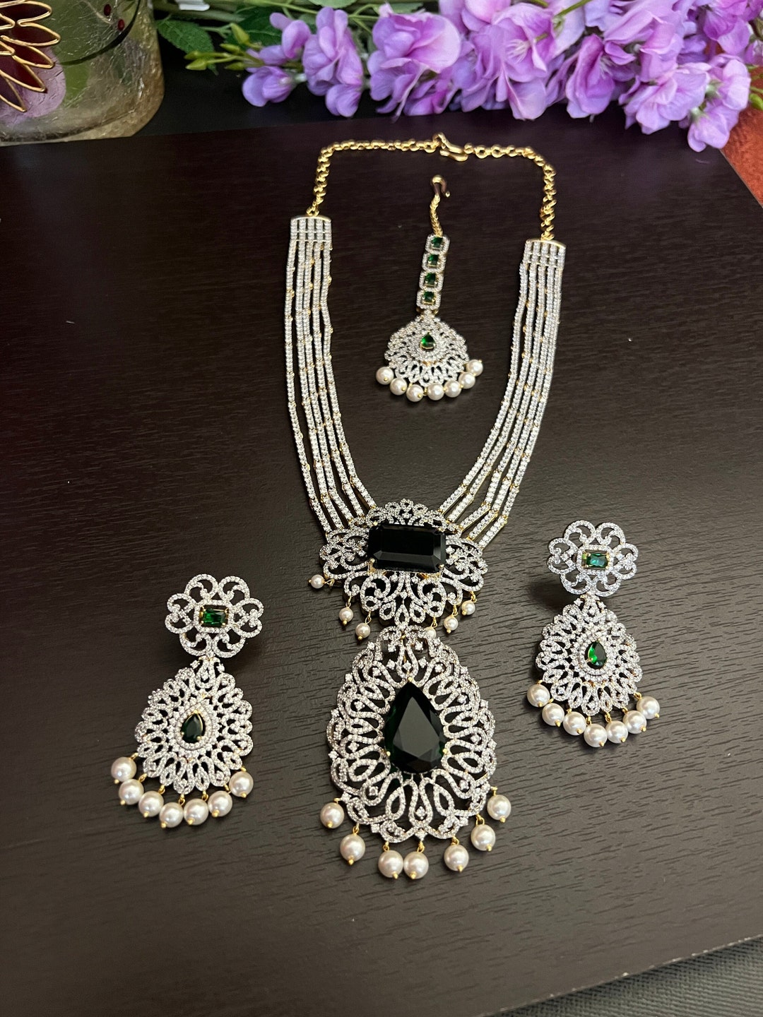 AD Doublet Green Stone American Diamond Finish Mid Lanth Haram ...