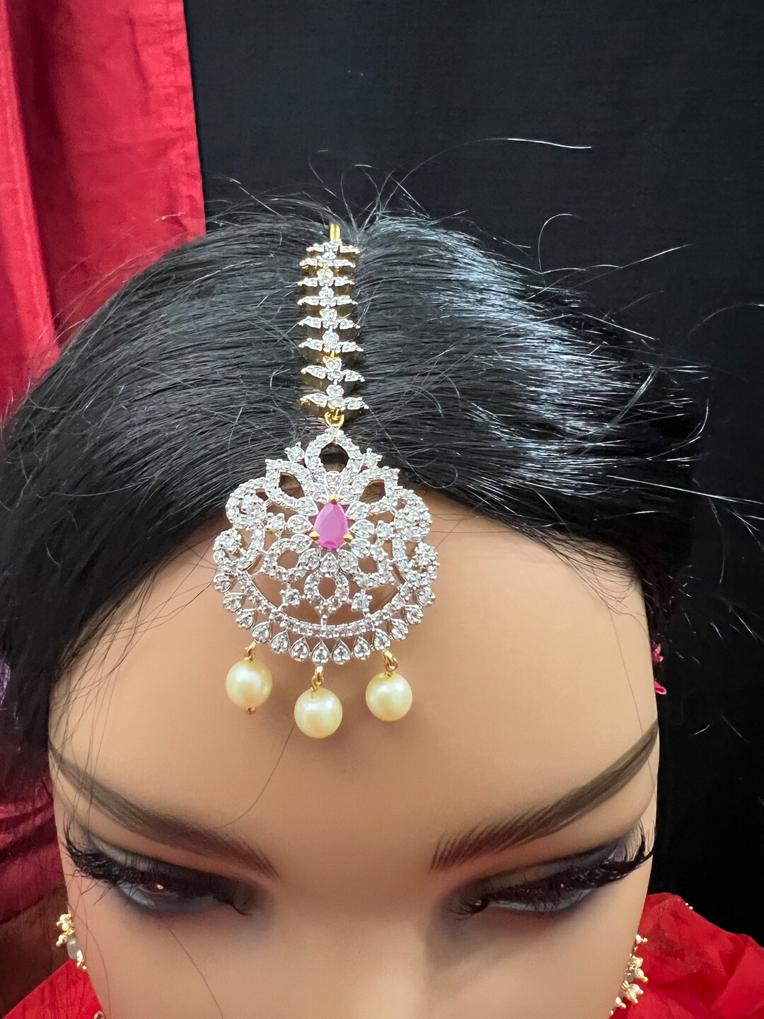 Mang Tikka/forehead Jewelry /ruby AD Stones/ 4. Inch Long 1.3 Inch Wide ...