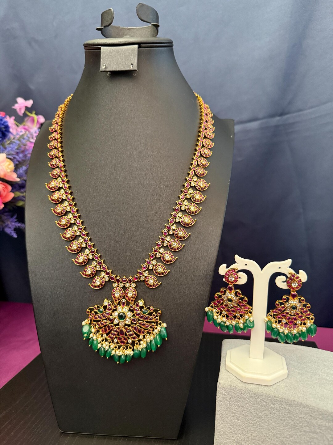 Jadau Kemp Mango Mala Haram With Earrings/ruby Pink/mango Design ...