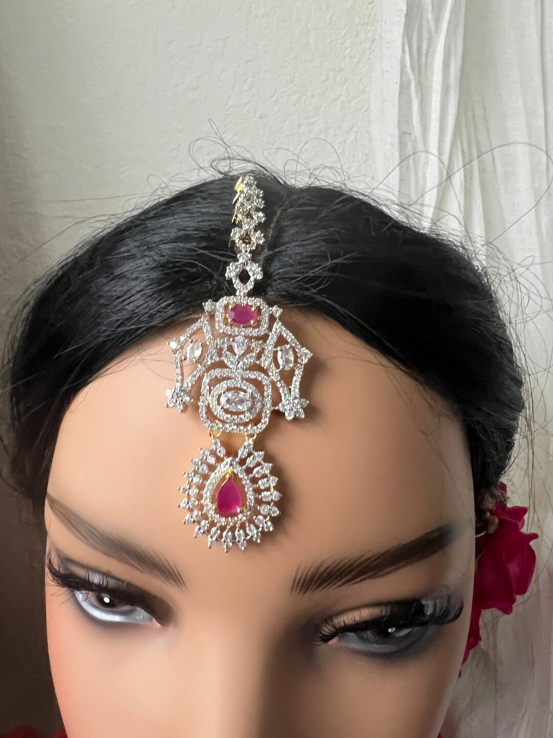 Mang Tikka/forehead Jewelry Tikka/ Ruby Pink AD Stones/4.4 Inch Long ...