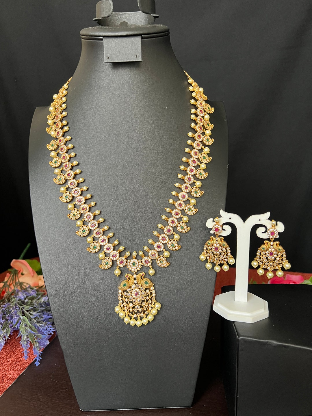 Peacock Mongo Design CZ Ruby Emerald Haram 28 Inches Long With Earrings ...