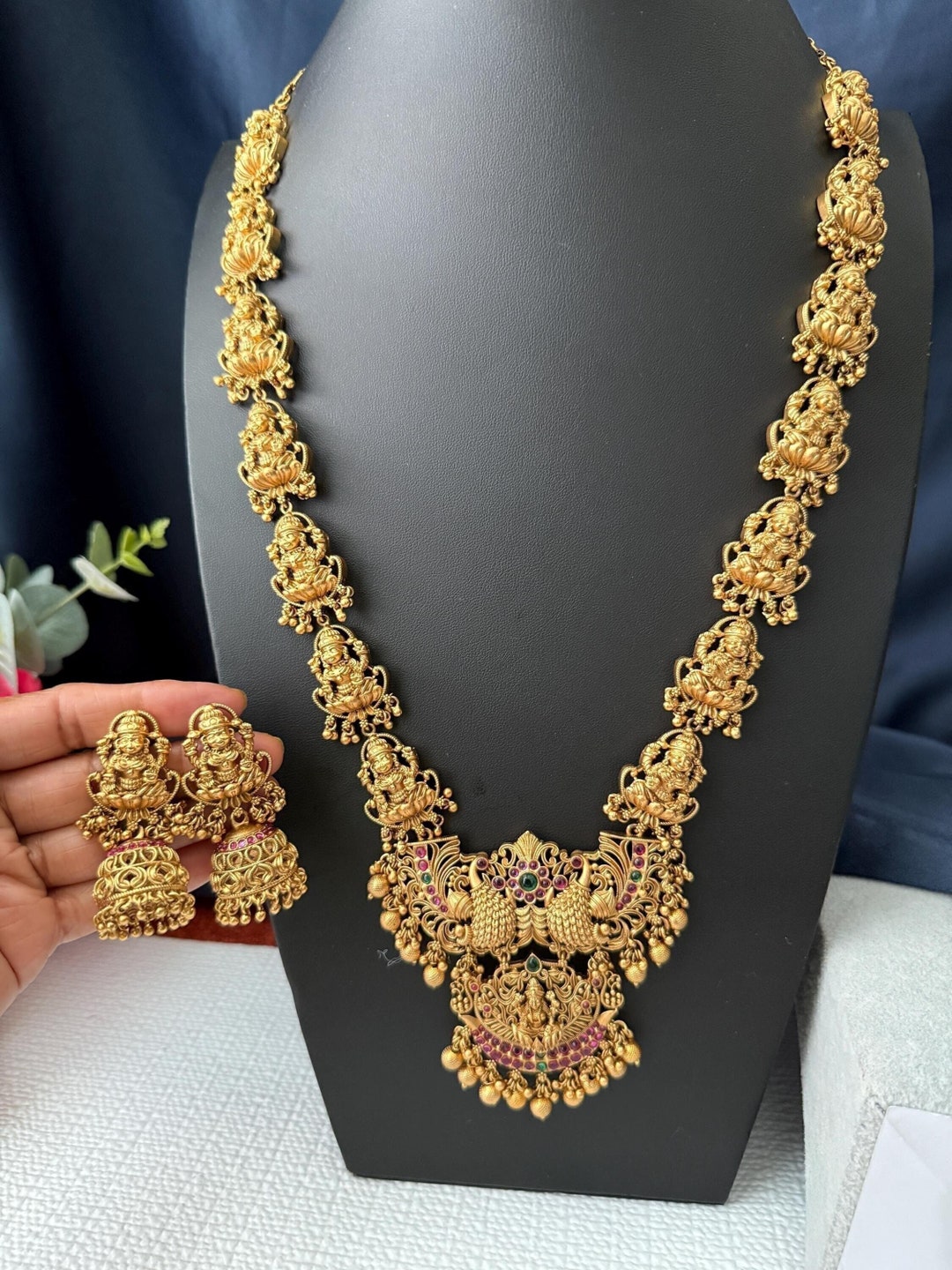 Goddess Lakshmi/long Haram With Earrings Peacock/nakshi Haram/matte ...