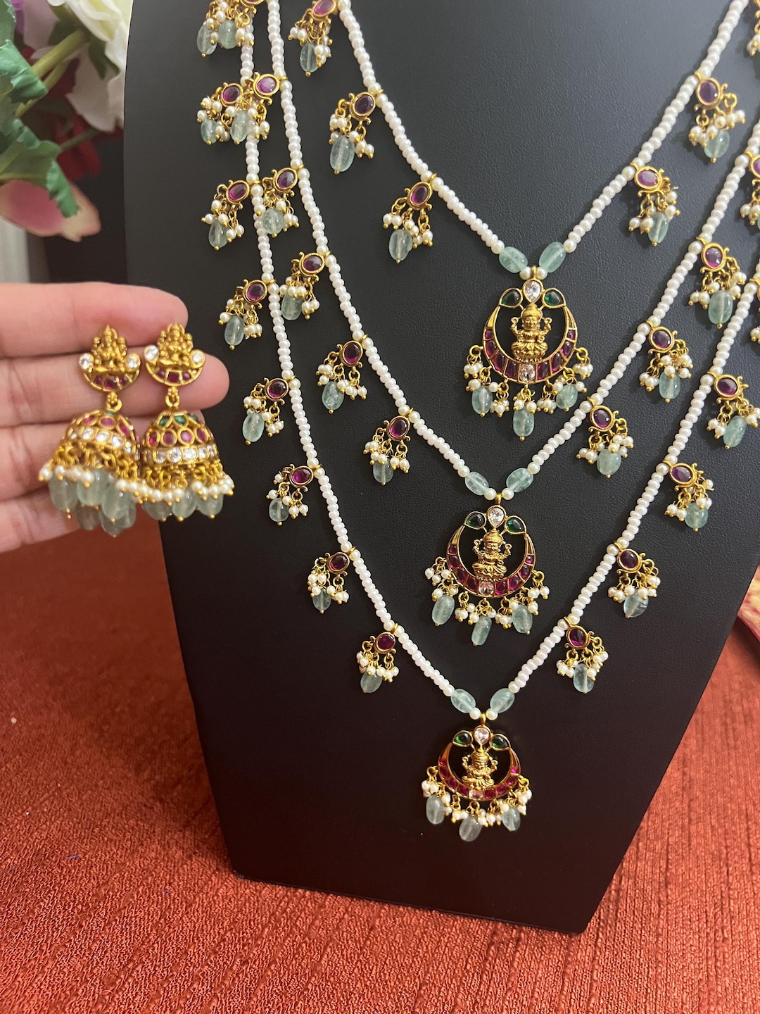 Theen Lada Haram/goddess Lakshmi Multi Layer Haram Set /jadau Kundan Ruby Pink/3 Line Only ...