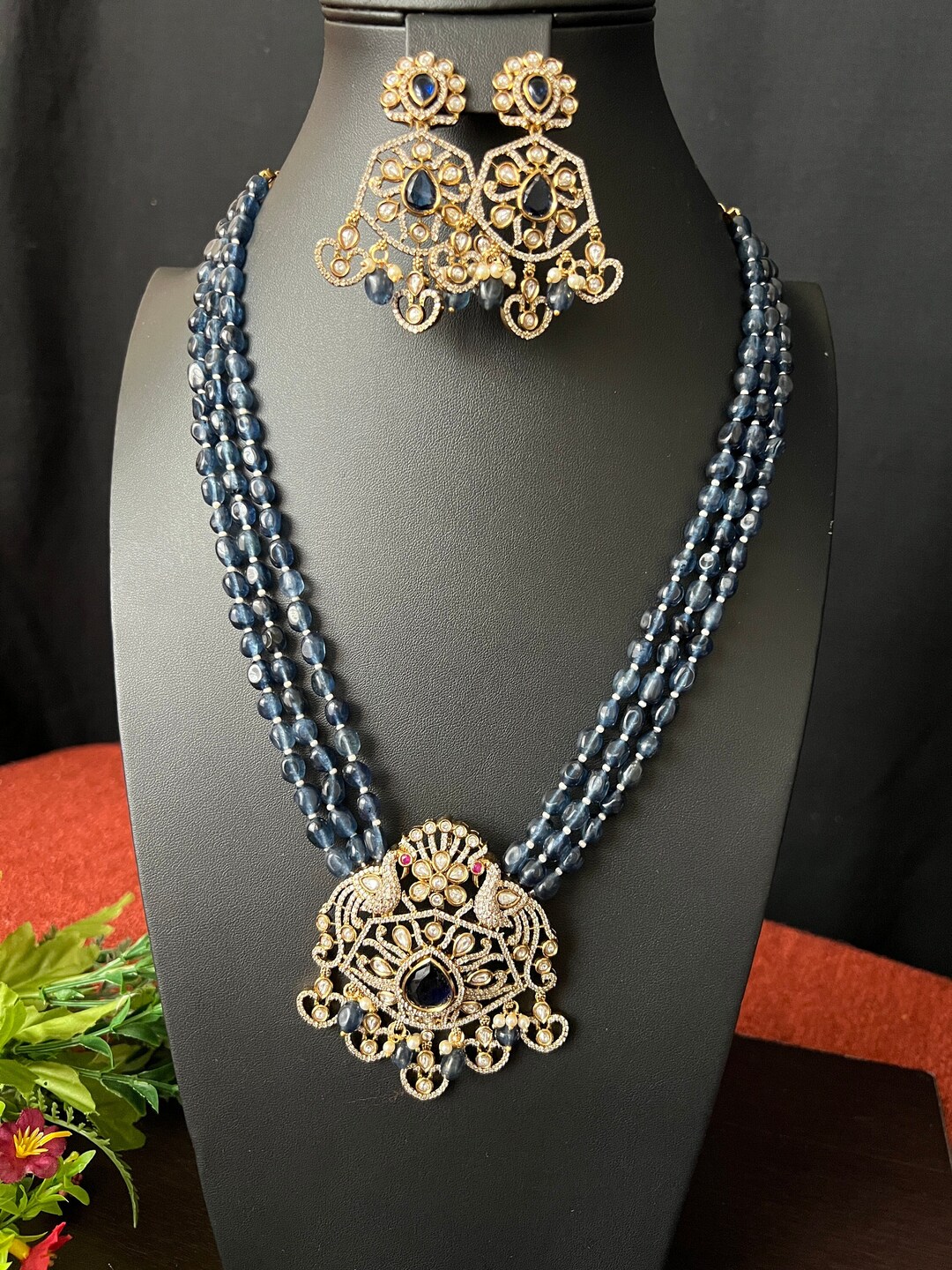 Sapphire Blue Beads Haram Victorian Mehndi Finish/big Pendent Hand Made ...