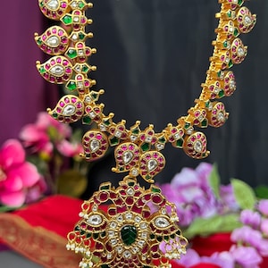 Jadau Necklace Red Green Jadau Kundan Gold Finish/mango Mala Haram 28 Inches /mint Green Beads ...