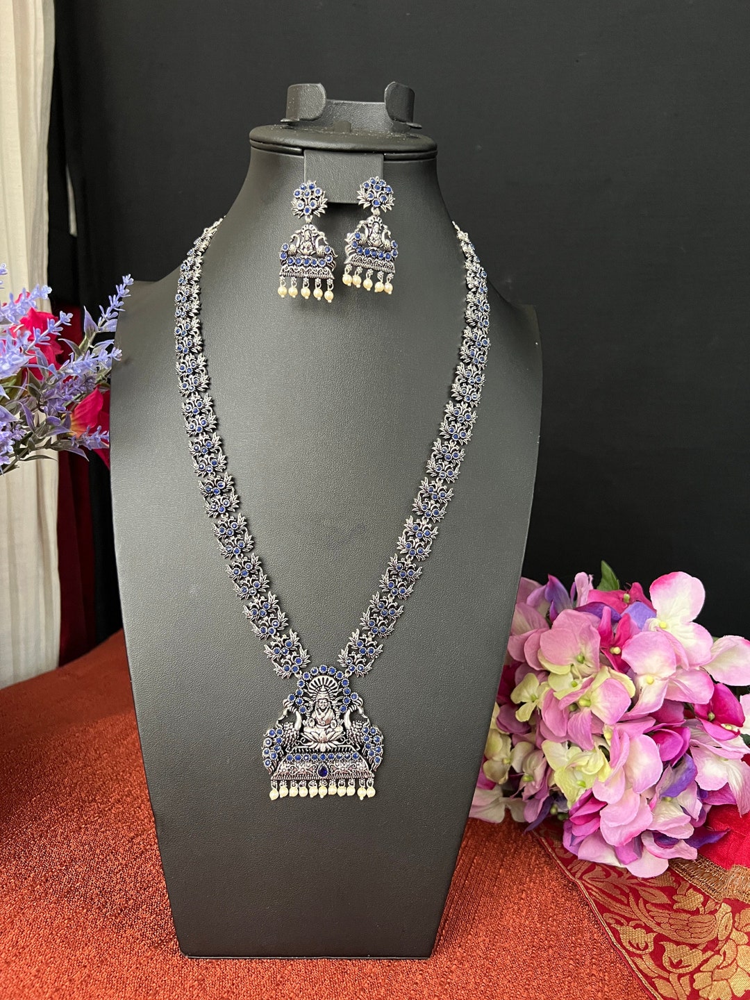 German Silver Haram Royal Blue Stones With Earrings/ Antique Silver ...