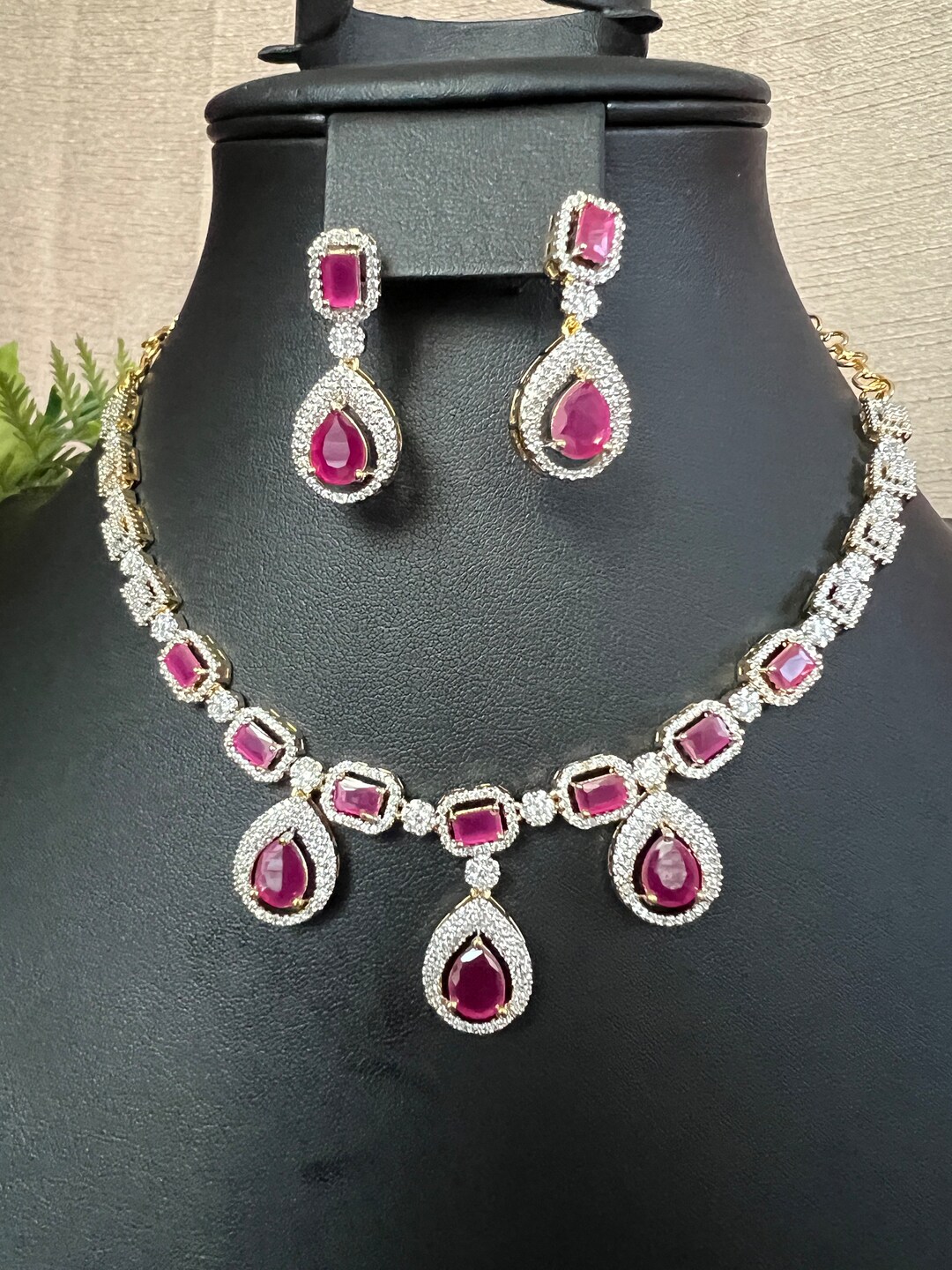 Ruby Pink AD Doublet Stones Gold Finish/small Necklace and Earring Set/light Weight/ Gift ...