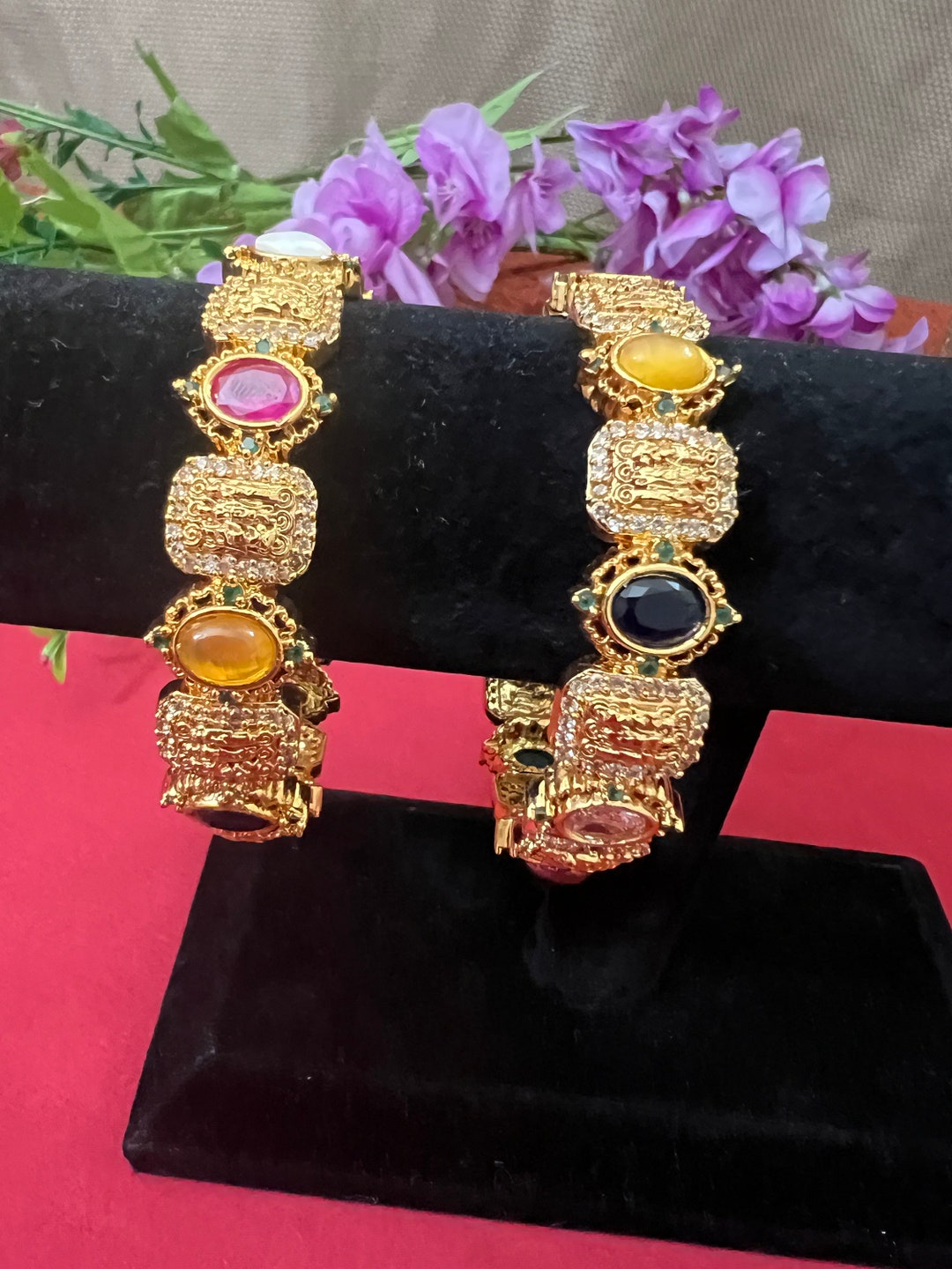 Ramparivar Multi Navarathan Stone Bangles: Antique Gold Finish /south ...