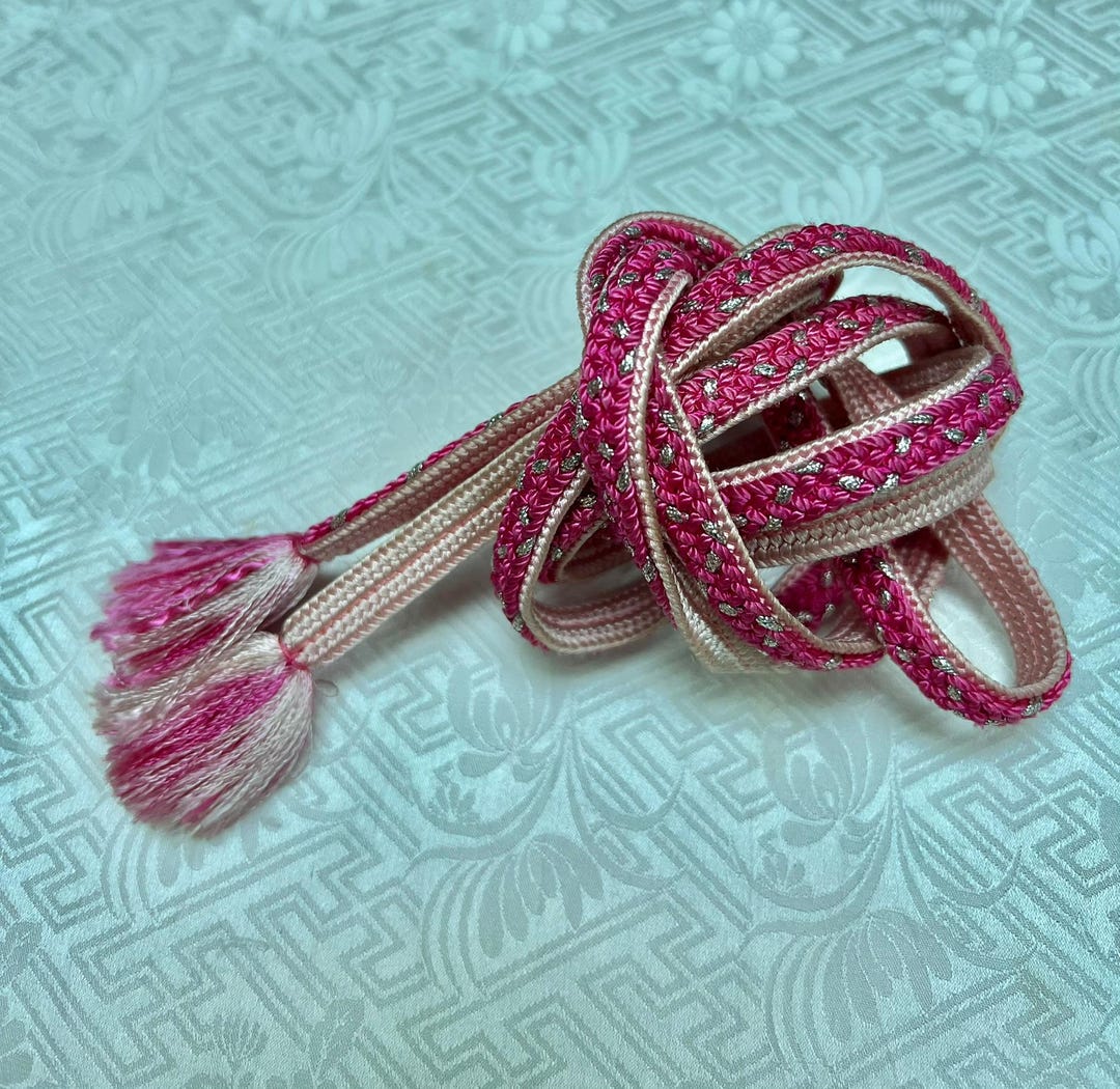 Pink Braided Obijime With Silver Thread Pattern, Japanese Silk Cord ...
