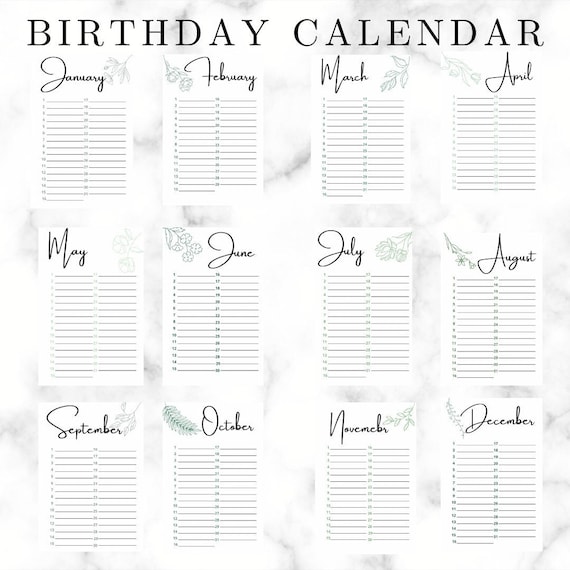 Printable Birthday Calendar Annual Events Floral Greenery - Etsy