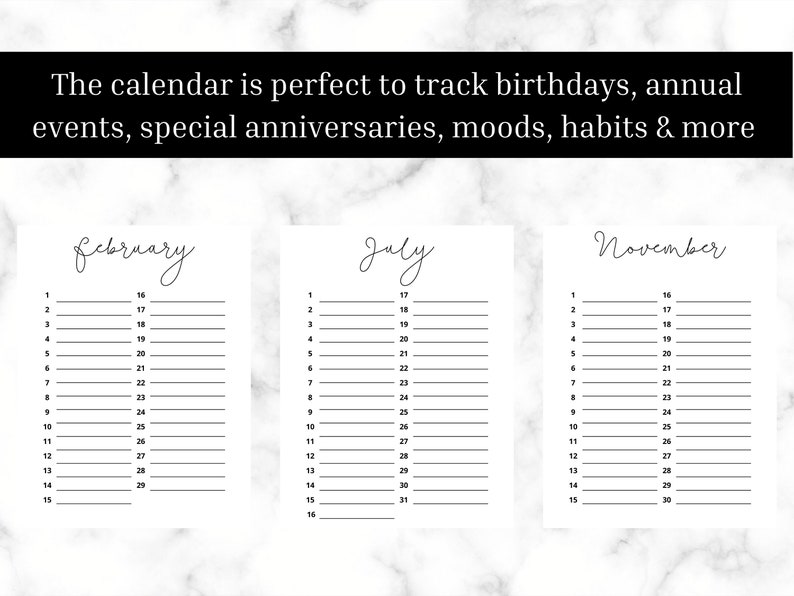 Printable Birthday Calendar | Annual Events | Minimalist Calendar ...