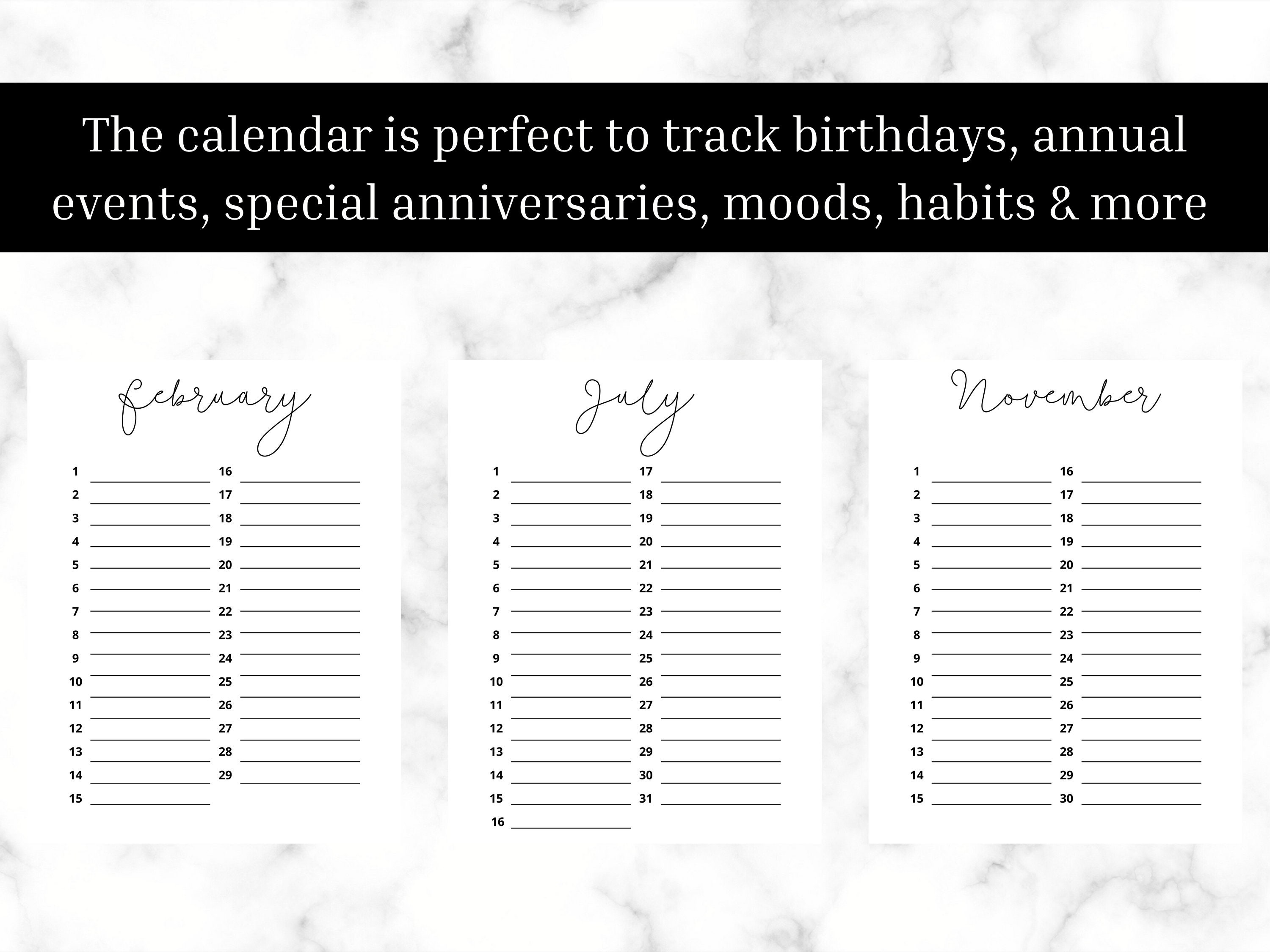 Printable Birthday Calendar | Annual Events | Minimalist Calendar ...