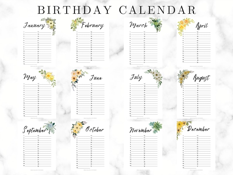 Printable Birthday Calendar | Annual Events | Botanical Calendar ...