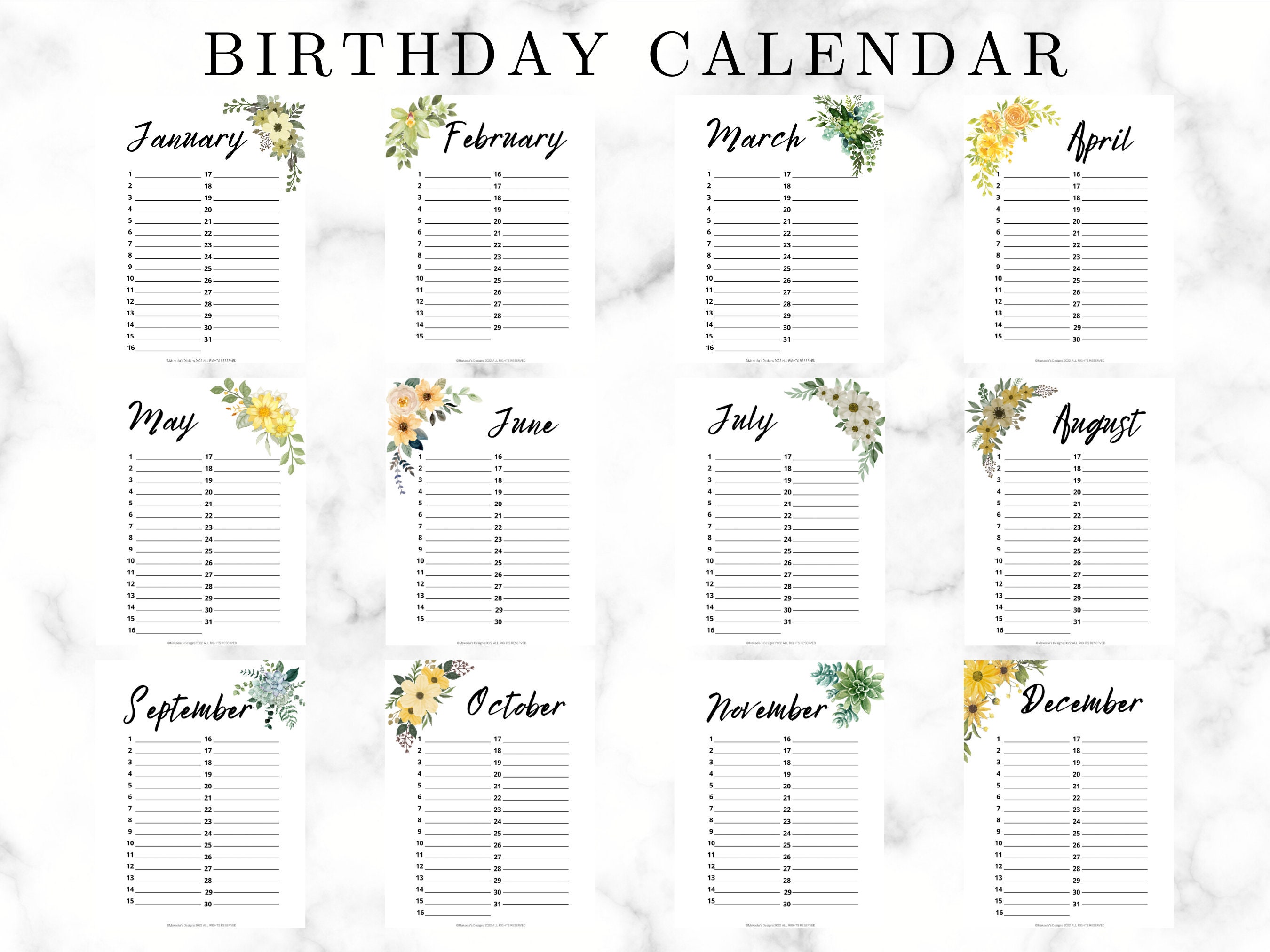 Printable Birthday Calendar | Annual Events | Botanical Calendar ...