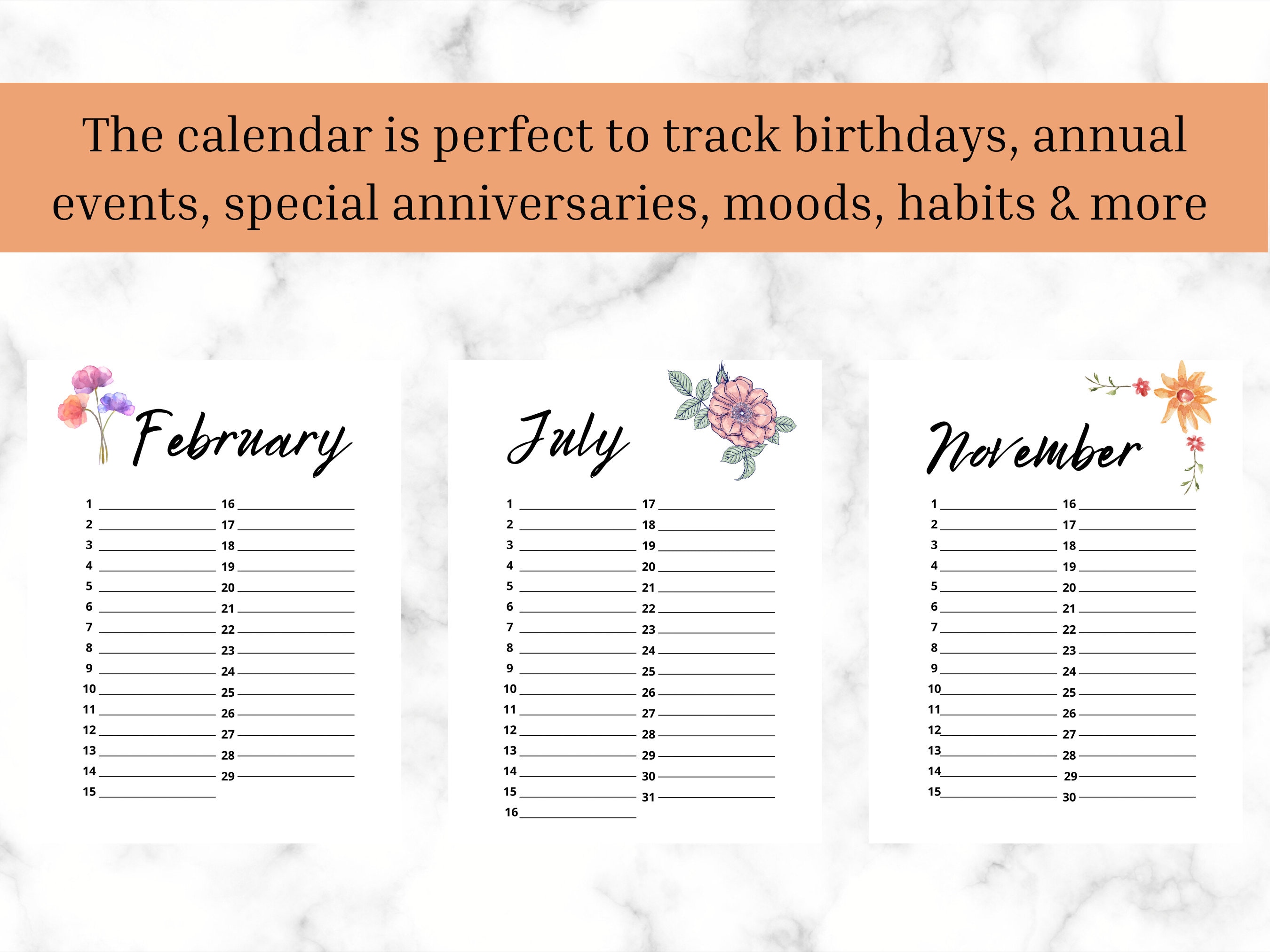 Printable Birthday Calendar | Annual Events | Floral Calendar ...