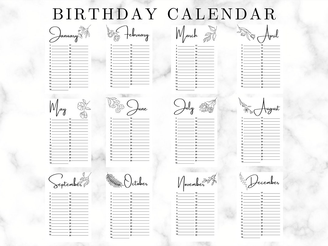 Printable Birthday Calendar | Annual Events | Botanical Calendar ...