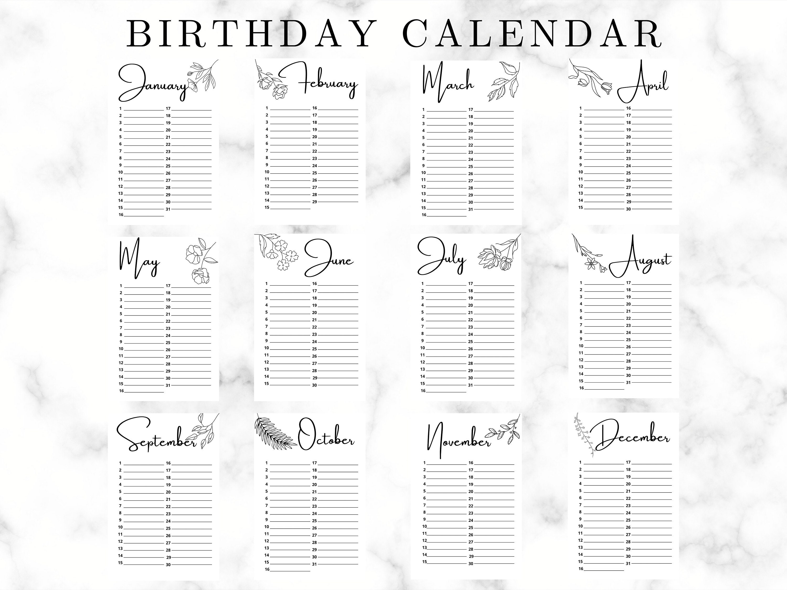 Printable Birthday Calendar | Annual Events | Botanical Calendar ...